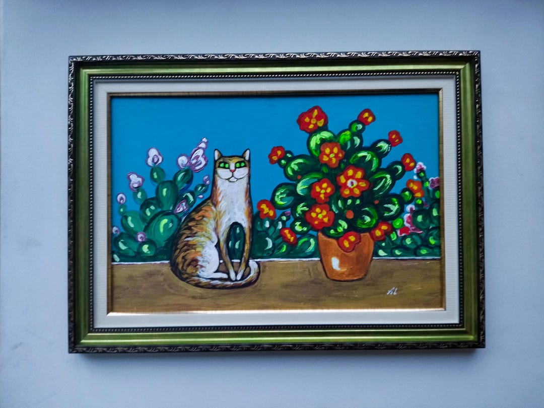 Ginger Cat Blooming Cactus Original Acrylic Painting Wallart Artwork ...