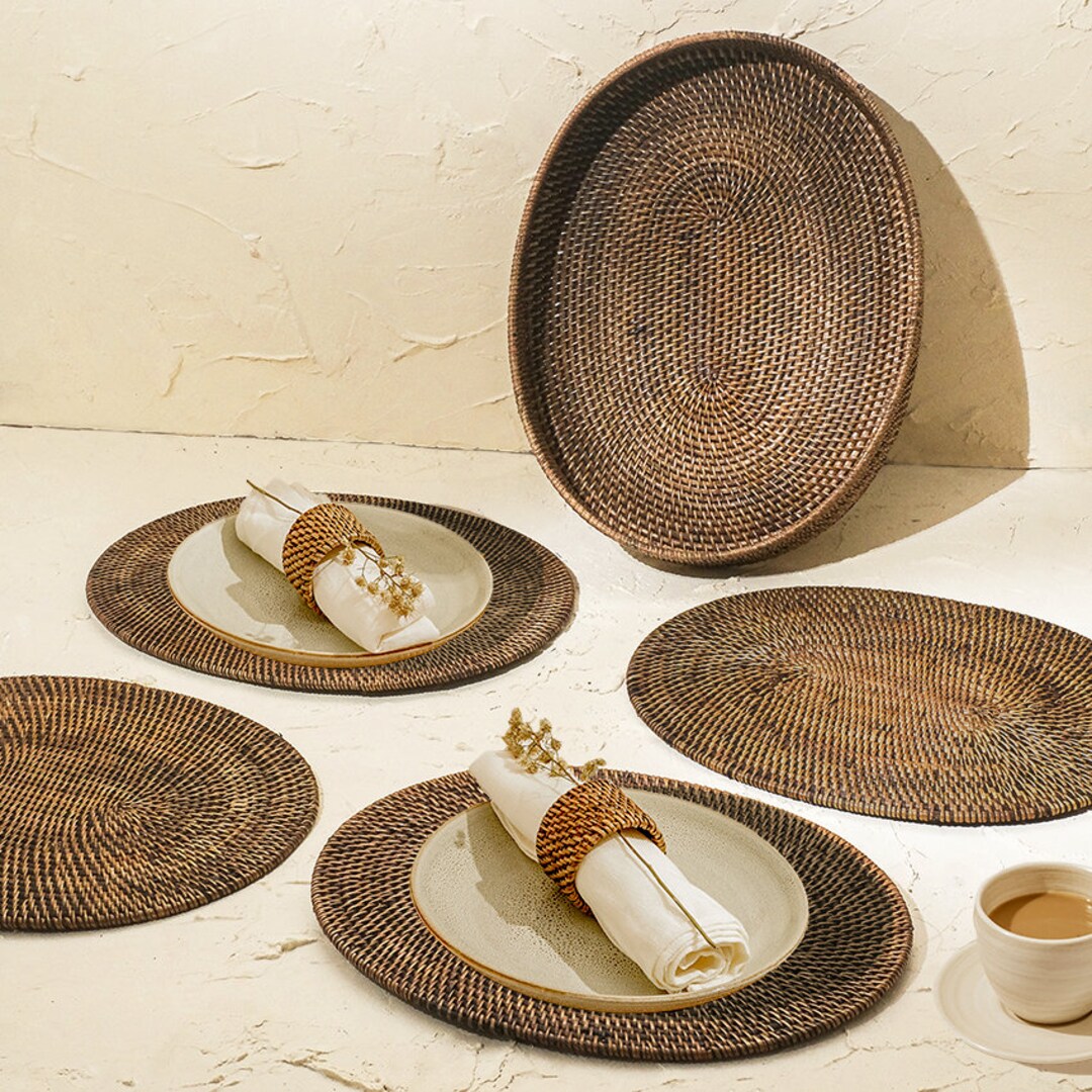Oval Placemats Sets With Holder With Napkin Ring Option- Dark Brown ...