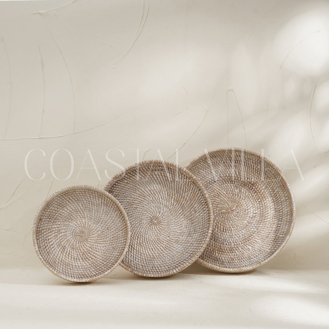 White Wash Tampa Rattan Tray / Rattan Tray / Wicker Round Tray / White ...