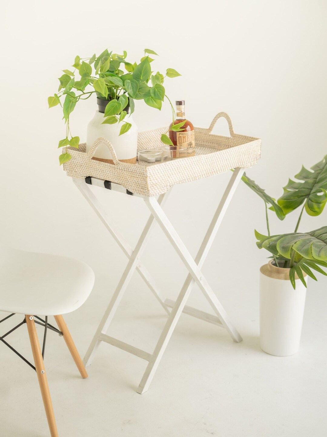 Rattan Butlers Tray/ Foldable Serving Tray/ Drinks Holder White Wash ...