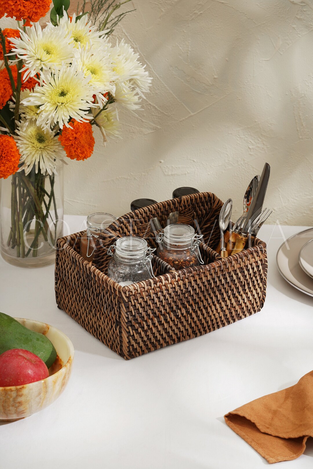 Rattan Condiment Holder/ Rustic Handmade Condiments Holder / Condiment ...