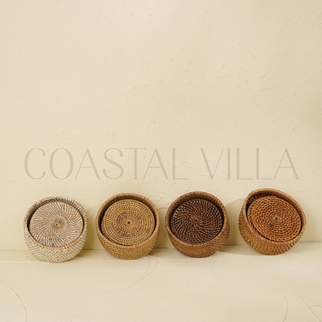 Coasters Set With Woven With Holder / Round Wicker Coasters / Handmade ...