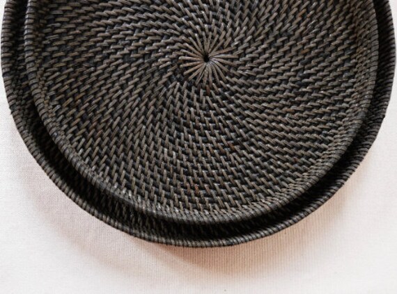 Black Wash Tampa Rattan Tray / Rattan Tray / Wicker Round Tray - Etsy