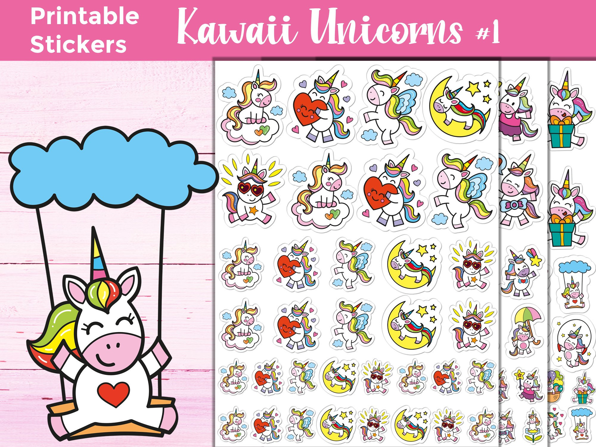 Kawaii Unicorn Printable Stickers: Kawaii Unicorns 1 - Etsy