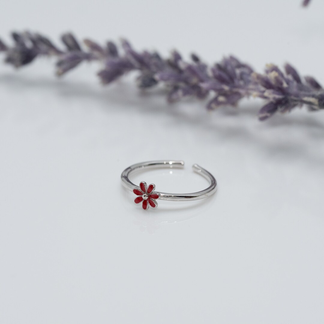 Daisy Flower Adjustable Ring, Glaze Flower Ring, Open Ring, Stack Ring ...