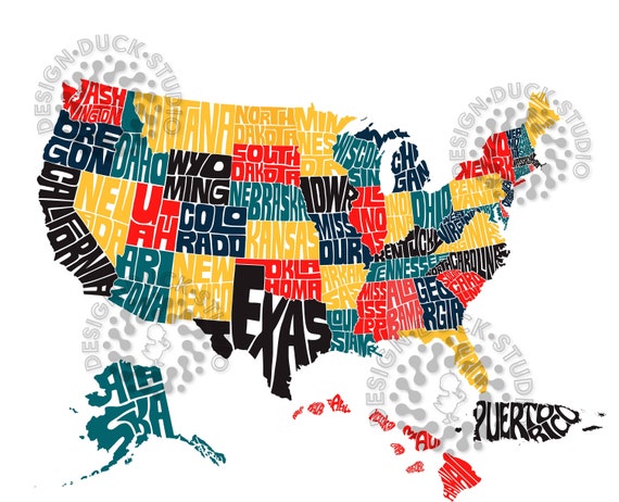 USA Typography USA State Map USA Word Art State Name Inside - Etsy