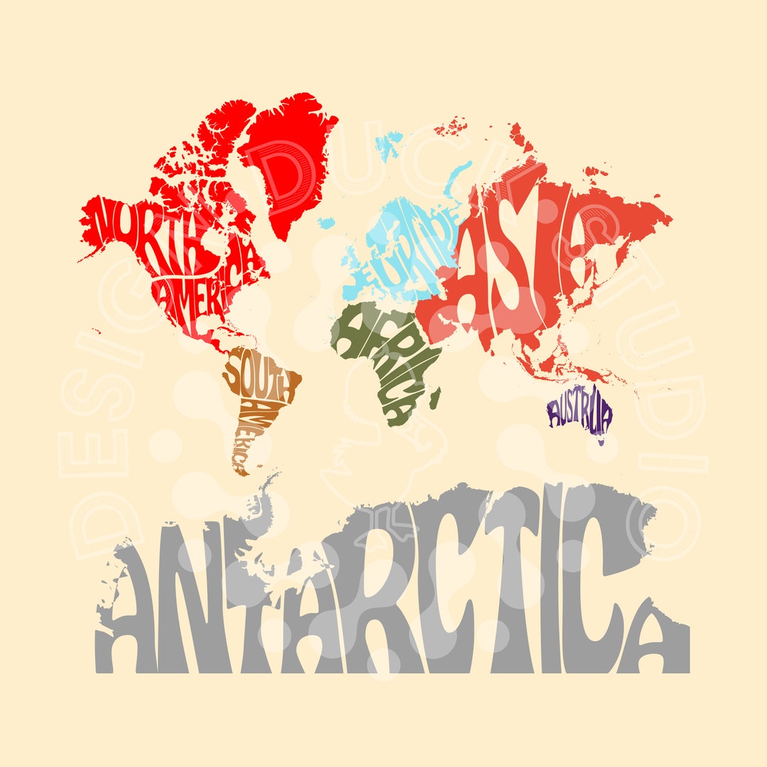 Continents Typography, World Map, World Word Art, Continent Name Inside ...