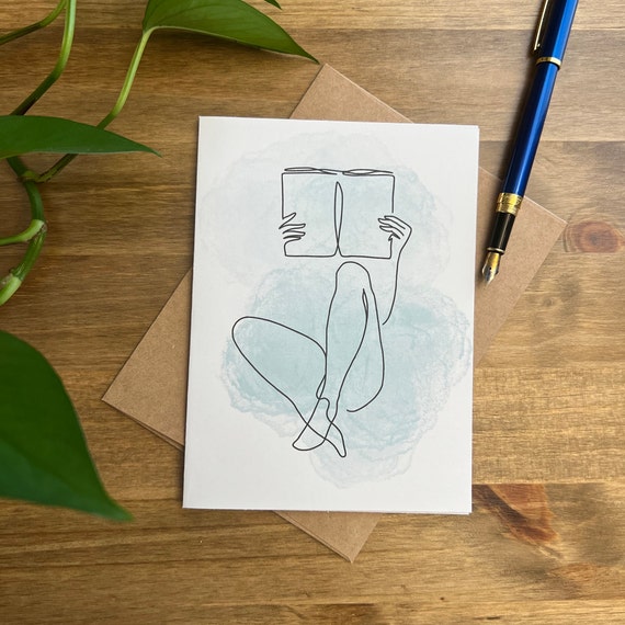 Reader Line Drawing Watercolor Handmade Greeting Card - Etsy