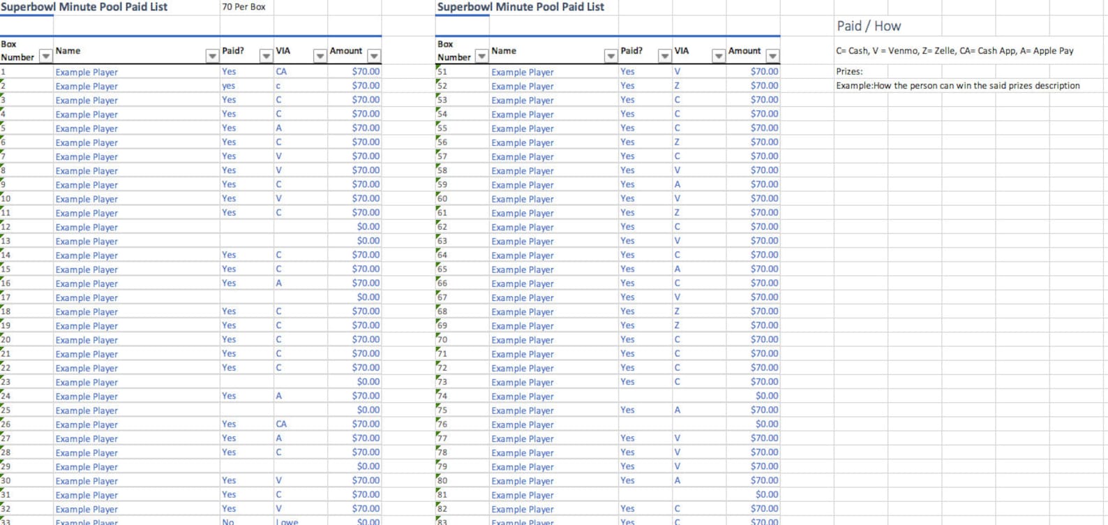 Downloadable Superbowl Excel Squares, Payment Form and Prize Tracking ...