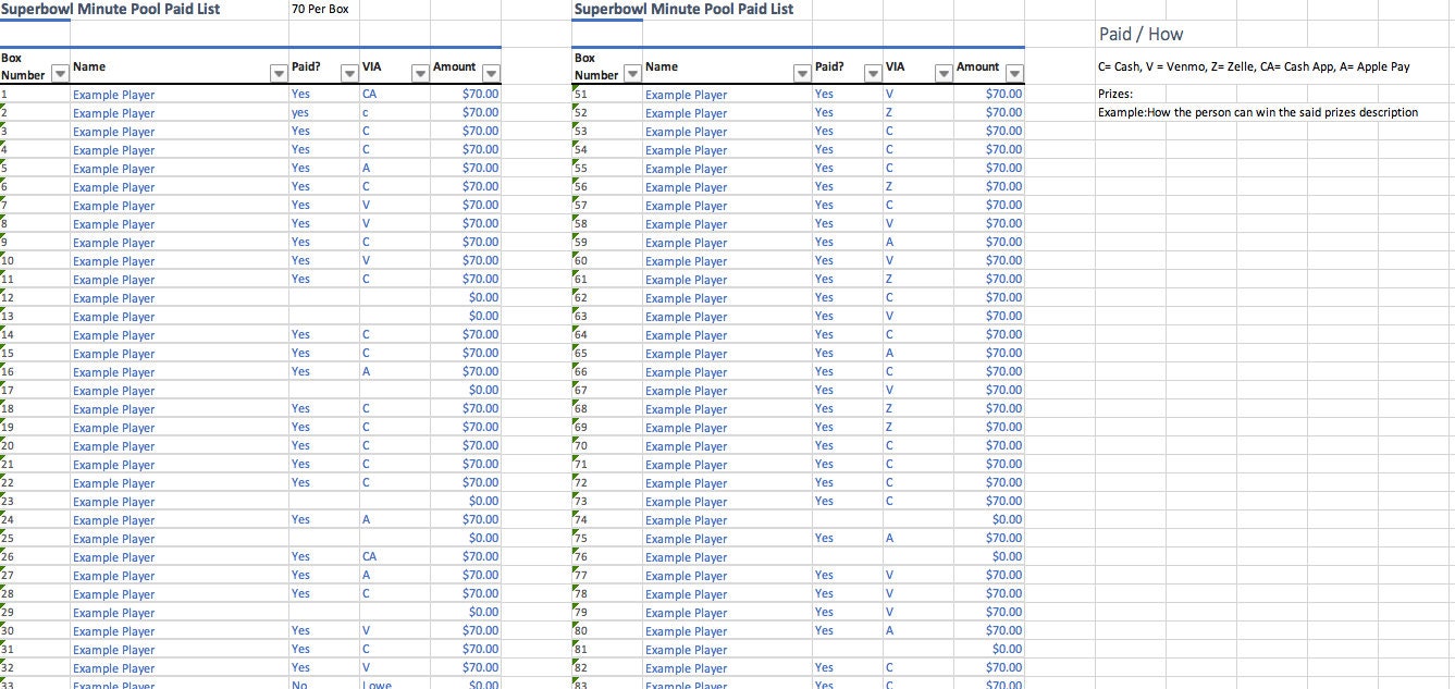Downloadable Superbowl Excel Squares, Payment Form and Prize Tracking ...
