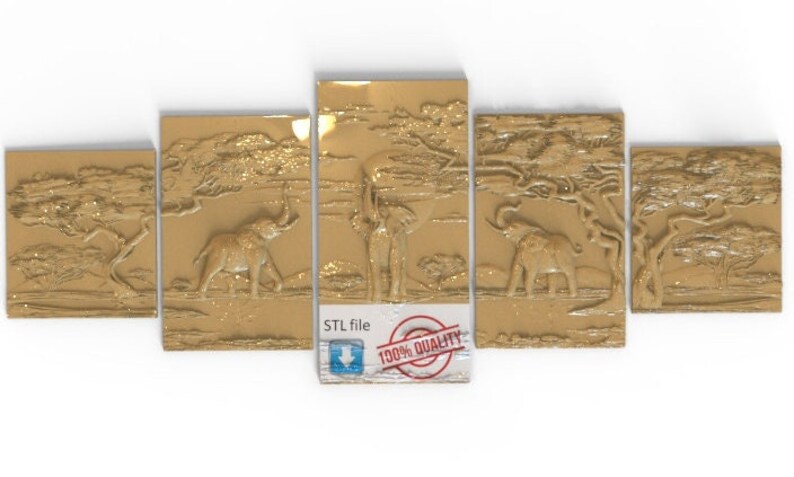 5 Pictures African Elephants 3d STL Model for CNC Router Relief Artcam ...