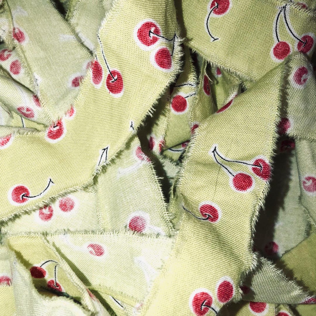 Vintage Hand Torn Cherry Print Fabric Ribbon Strips for Snippets, Junk ...