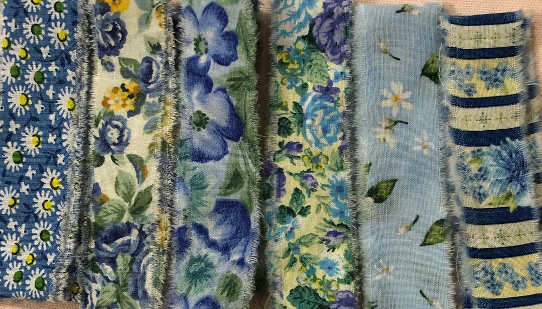 Blue Floral Hand Torn Fabric Ribbon Strips for Scrapbooks, Snippets ...