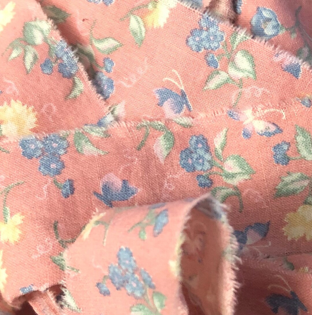 Vintage Hand Torn Cotton Fabric Ribbon Strips, Butterfly Carnations ...