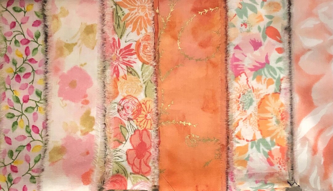 Vintage Orange Floral Hand Torn Fabric Ribbon Strips for Scrapbooks ...