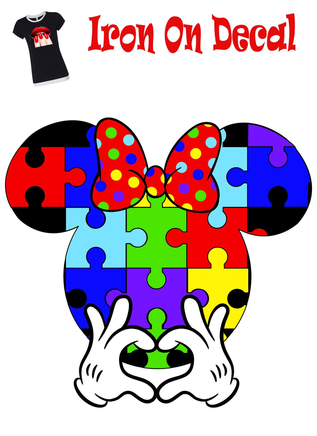 Autism Awareness Minnie Mouse With Heart Iron-on Heat Transfer Sticker ...