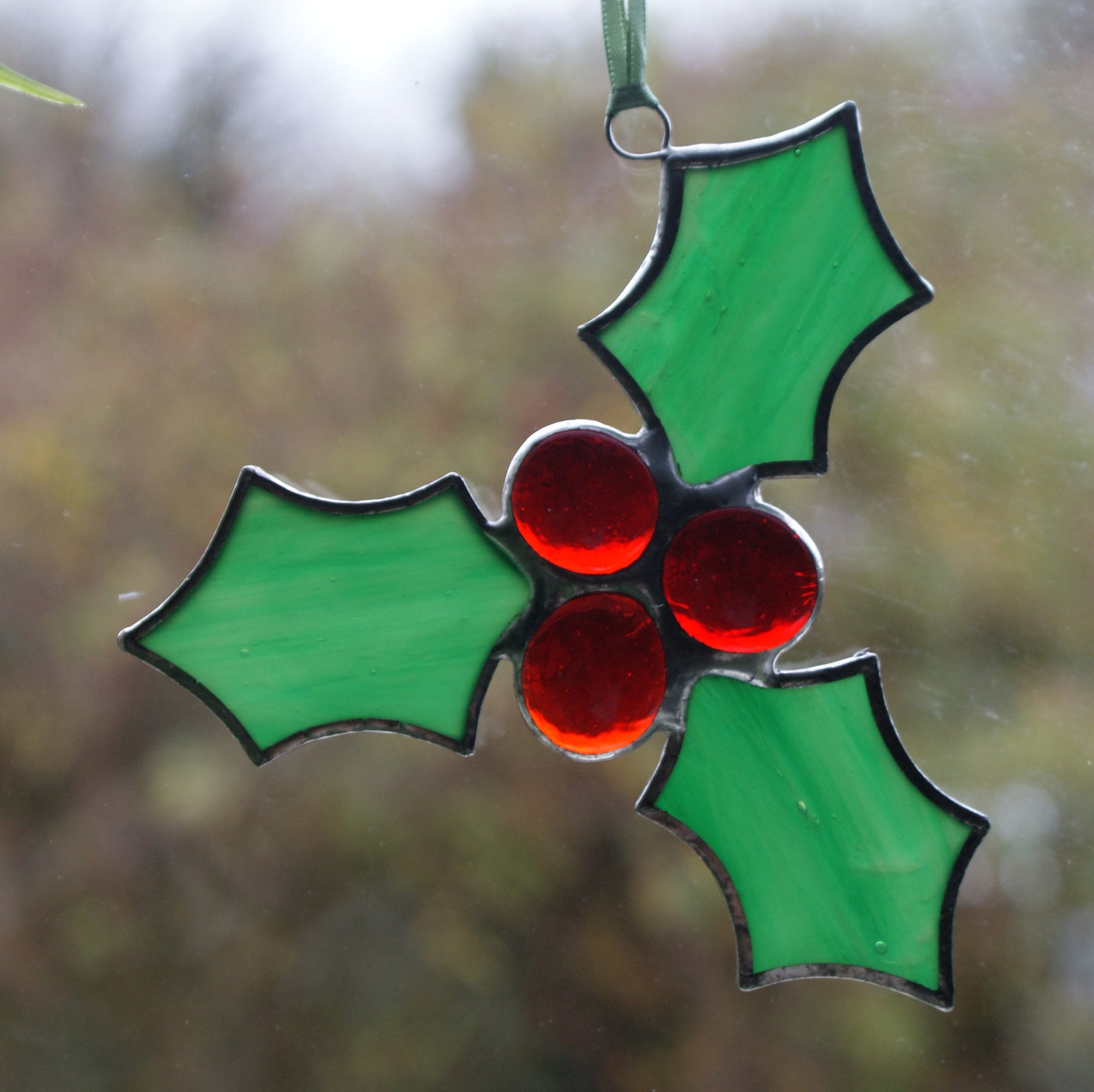 Stained Glass Holly Leaves With Berries Suncatcher Ornament Etsy