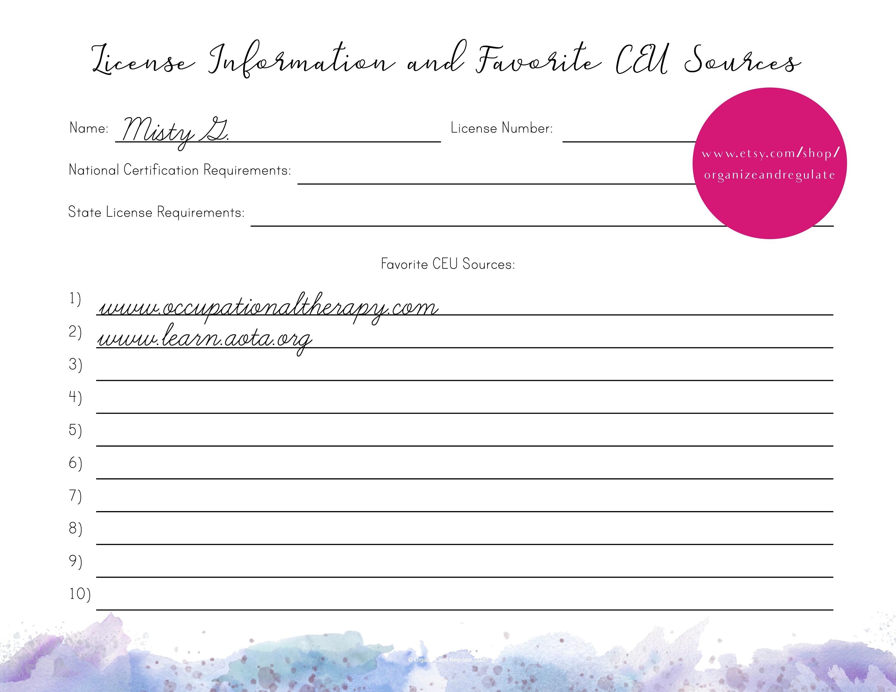 Occupational Therapy CEU / PDU Tracker Printable, OT Organizer ...