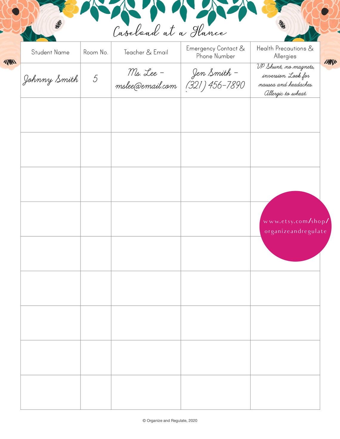 OT Caseload Planner Printable Occupational Therapy Printable | Etsy