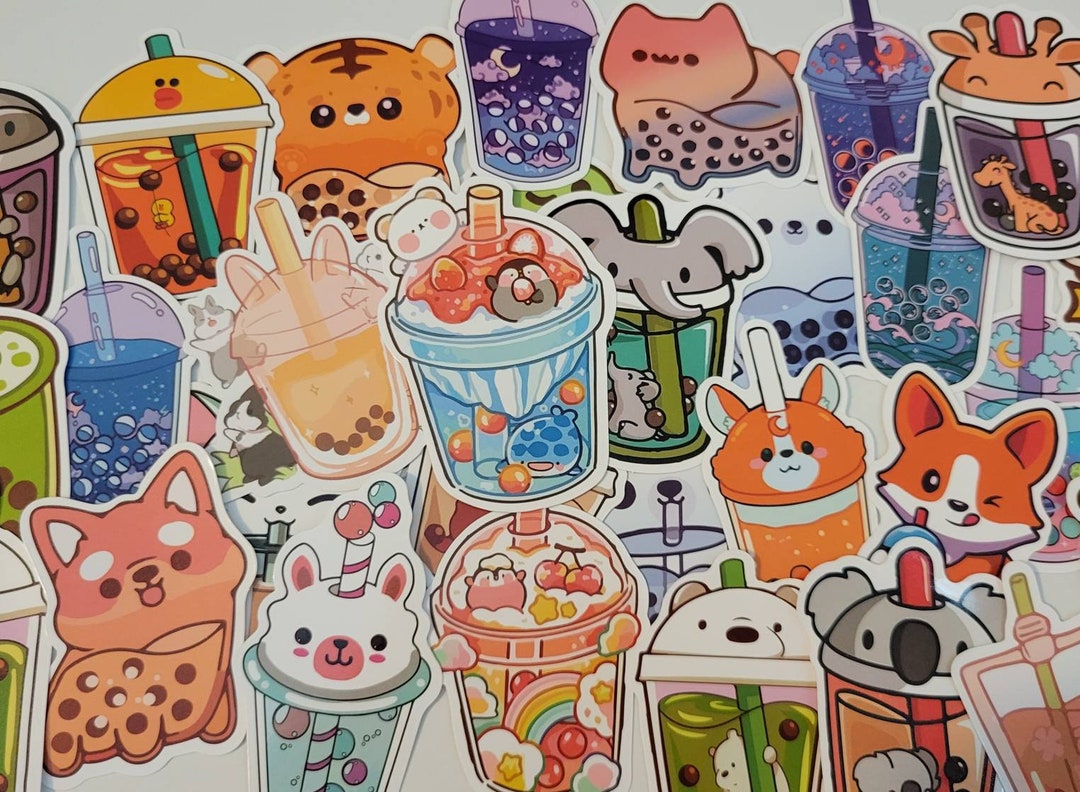 Animal Boba Aesthetic Sticker Random Pack, Boba Drinks, Waterproof ...