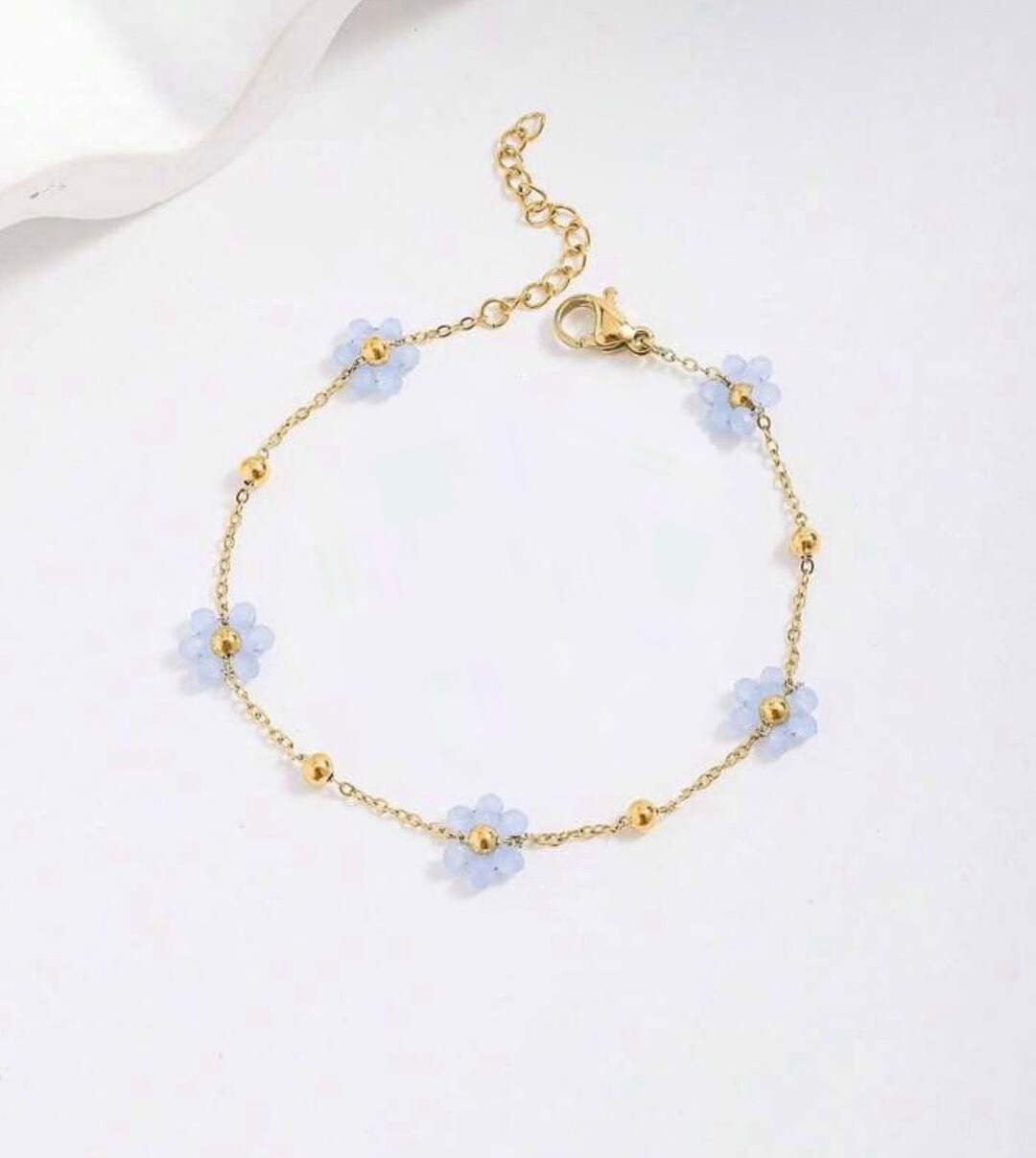 Gold Bracelet With Blue Beaded Flowers - Etsy