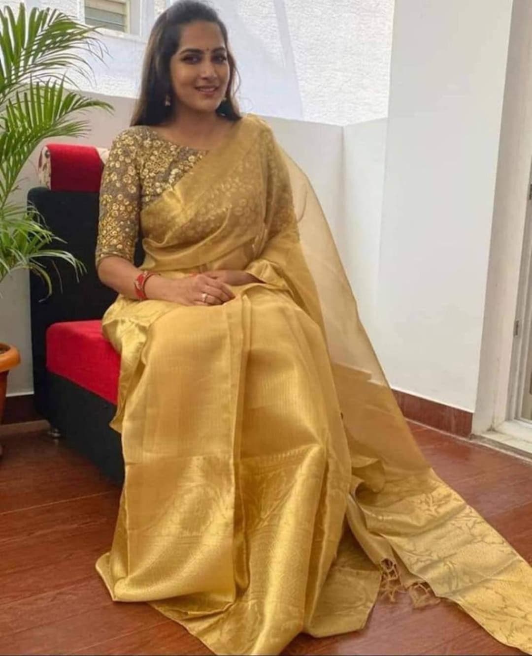 Gold Tissue Silk Saree for Women, Designer Golden Tissue Saree With ...