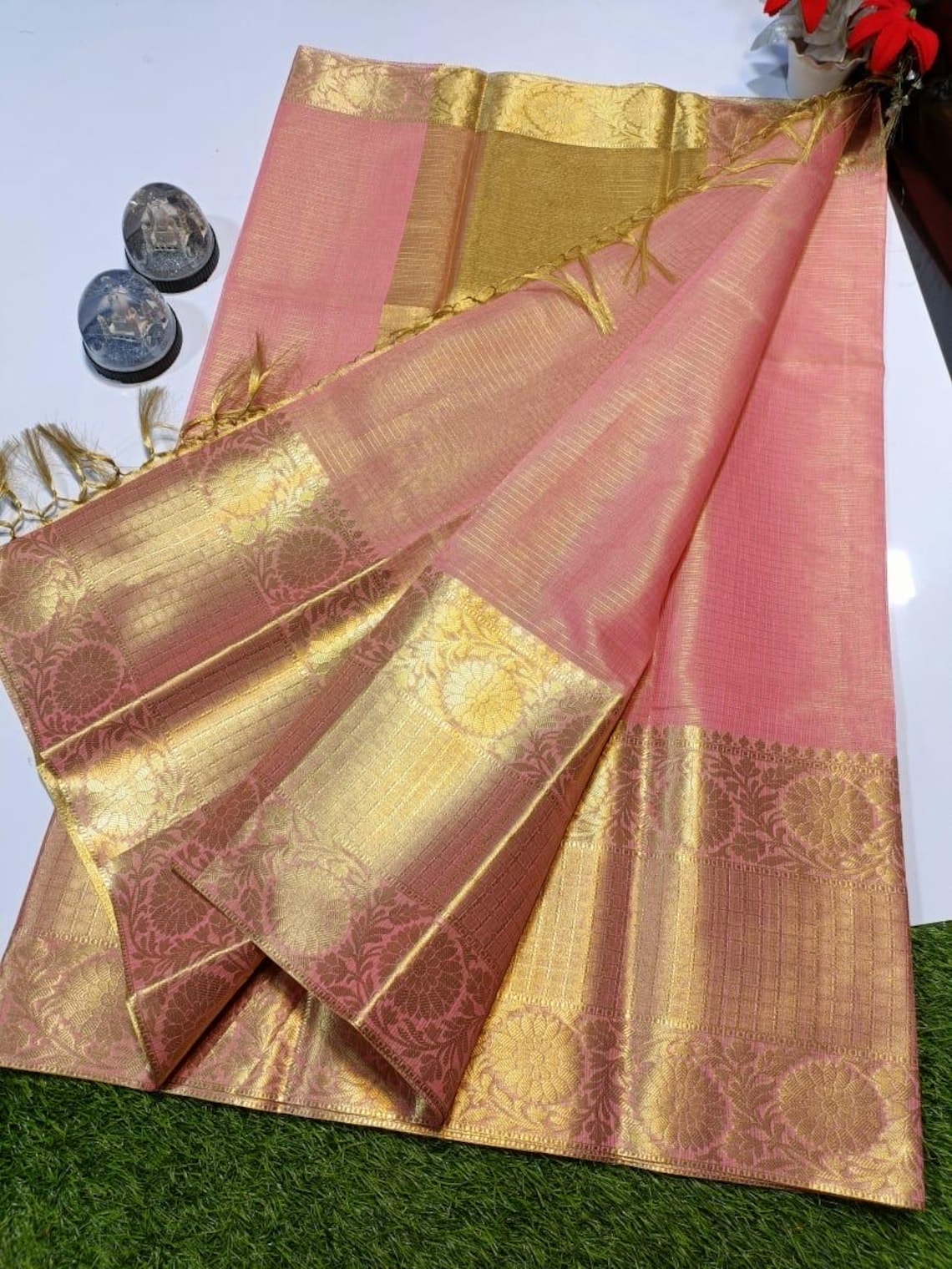 Pink Tissue Silk Saree for Women, Designer Pink Tissue Saree With Broad ...
