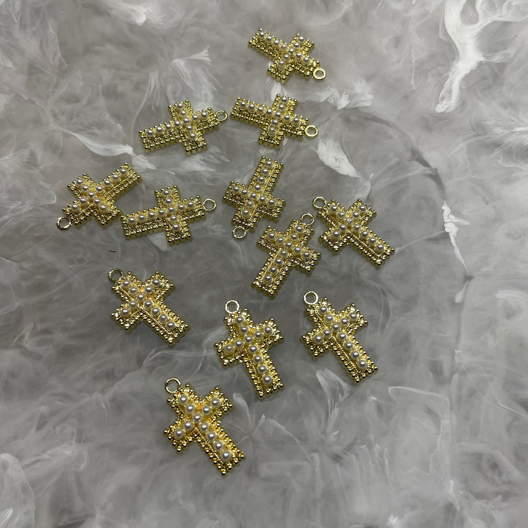 10 X Gold Pearl Cross Charms DIY Bomboniere Christening Wedding Baptism ...
