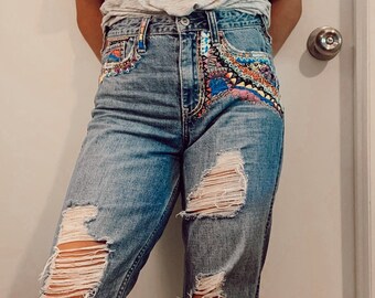 Hand Embroidered Jeans - Etsy