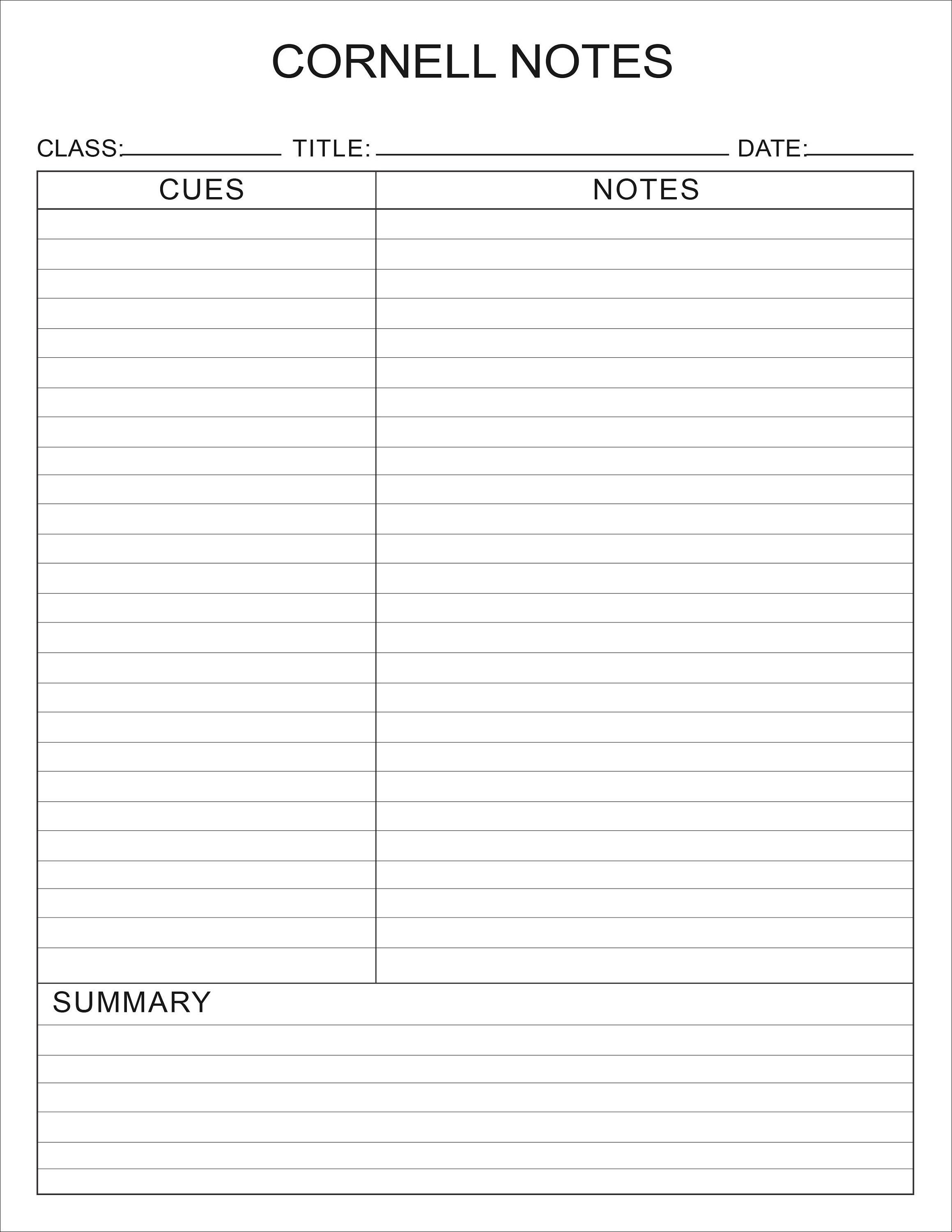 Printable Cornell Notes Plain Template PDF File - Etsy