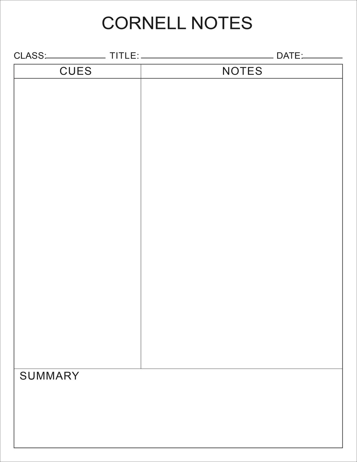 Printable Cornell Notes Plain Template (PDF File) - Etsy