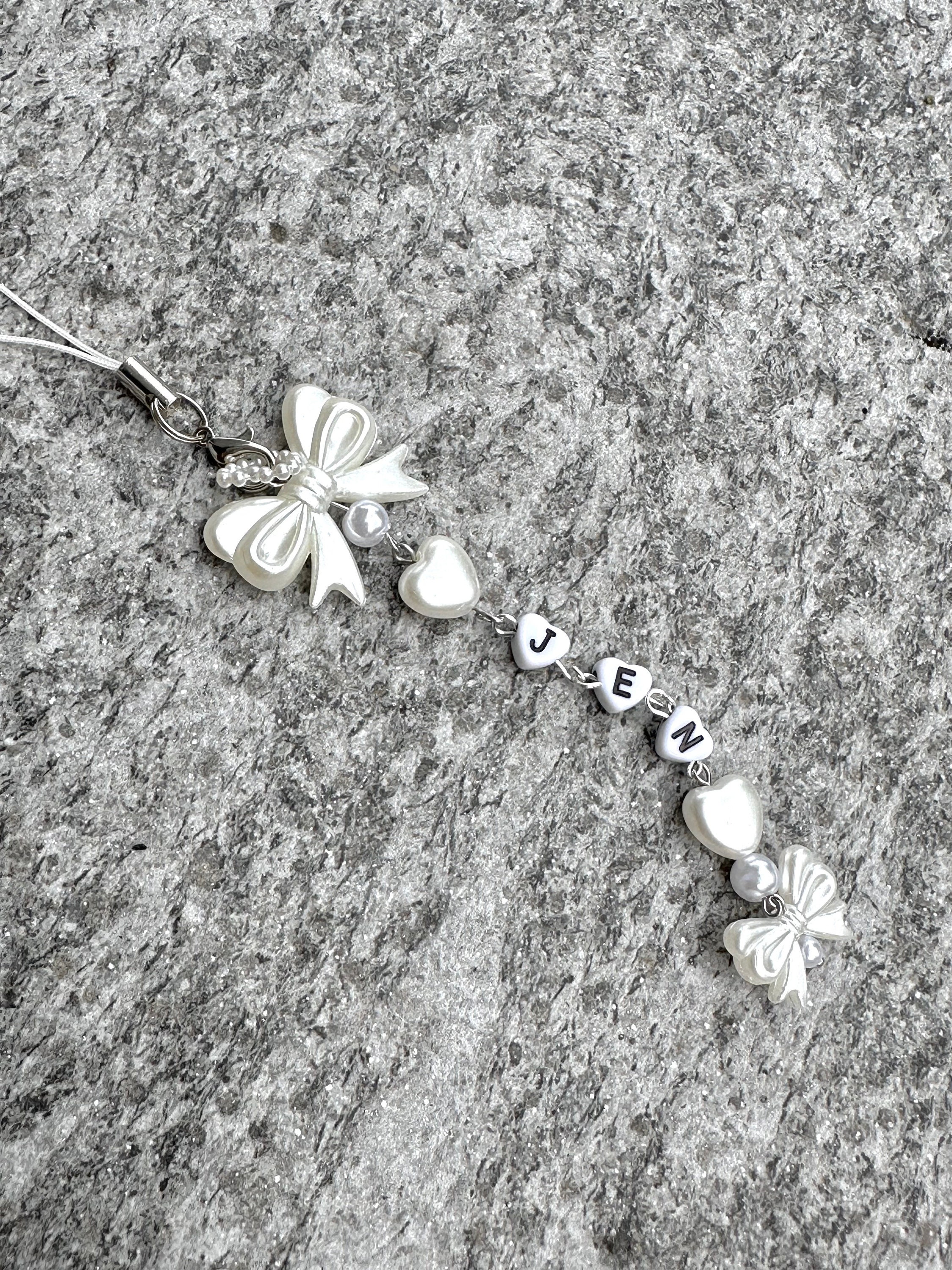 Cute Pearl Bow Custom Letter Beaded Ribbon Phone Charm, Strap - Etsy Cute Pearl Bow Custom Letter Beaded Ribbon Phone Charm, Strap - Etsy