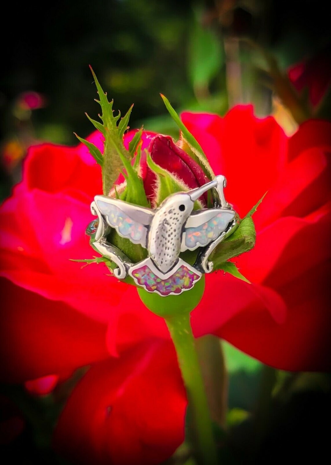 Size 11 925 Sterling Silver Hummingbird Ring White Opal, Pink Opal ...