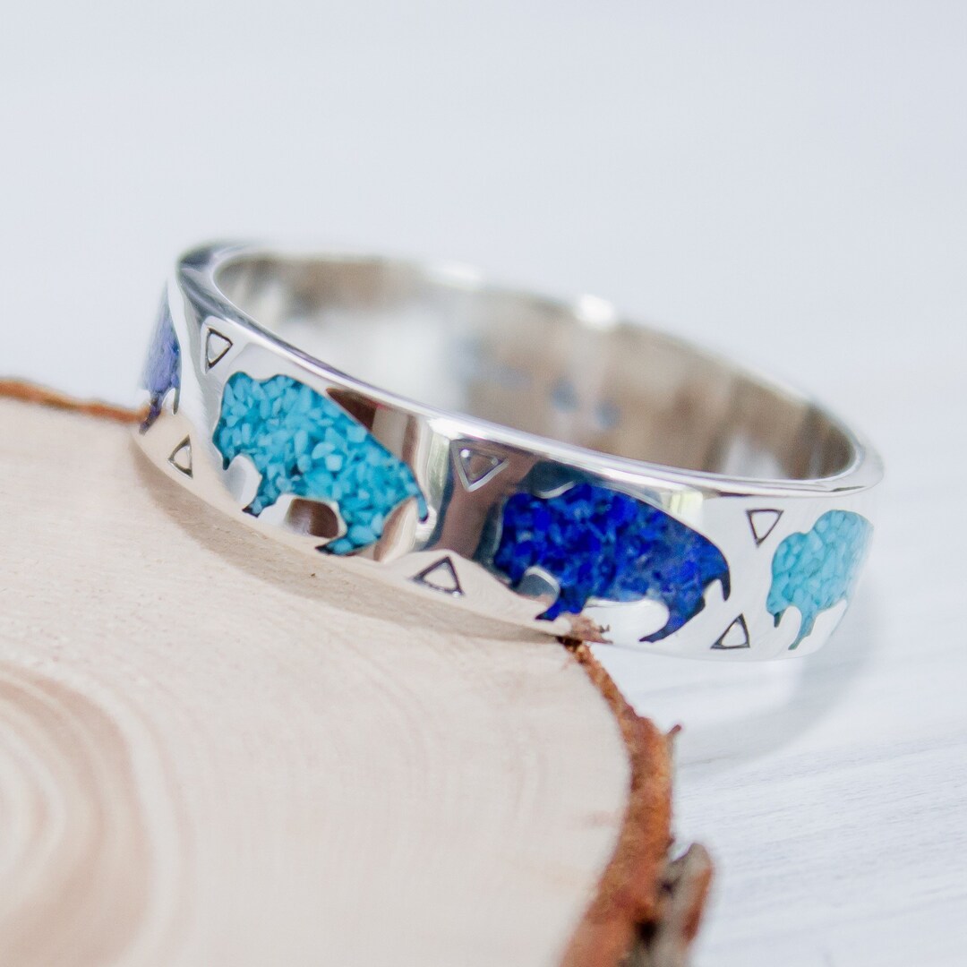 Sterling Silver Buffalo Ring Turquoise and Lapis Lazuli Inlay Running Bison Band Tatanka ...