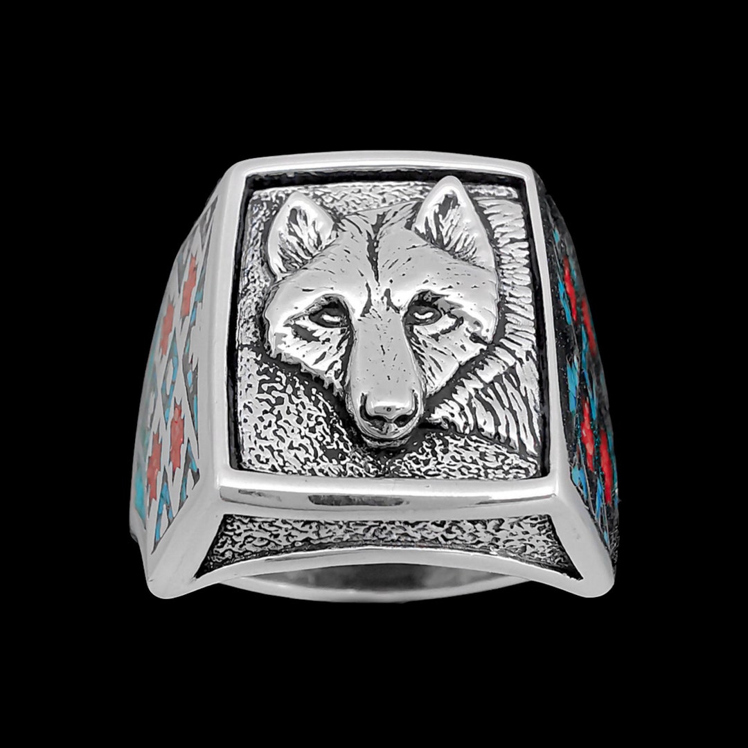 Wolf Ring With Turquoise and Red Coral Inlay • Posing Wolf Design • 925 ...