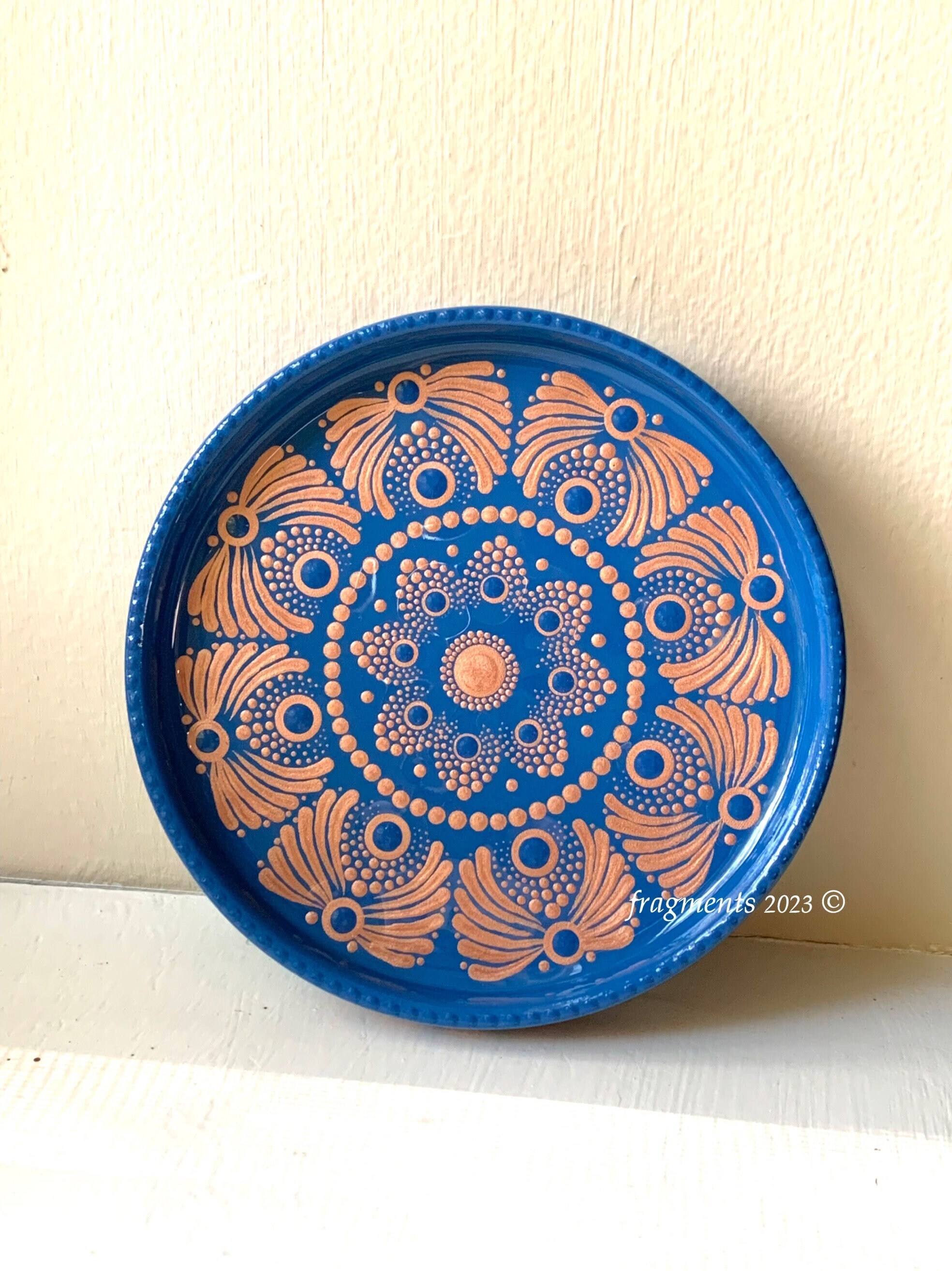 Trinket Ring Dish Blue and Rose Gold Mandala Dot Art - Etsy