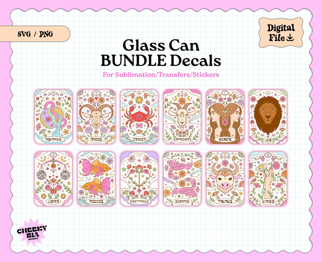 Zodiac Sign Decal BUNDLE for Glass Cup, SVG PNG, Glass Cup Design, Iced ...