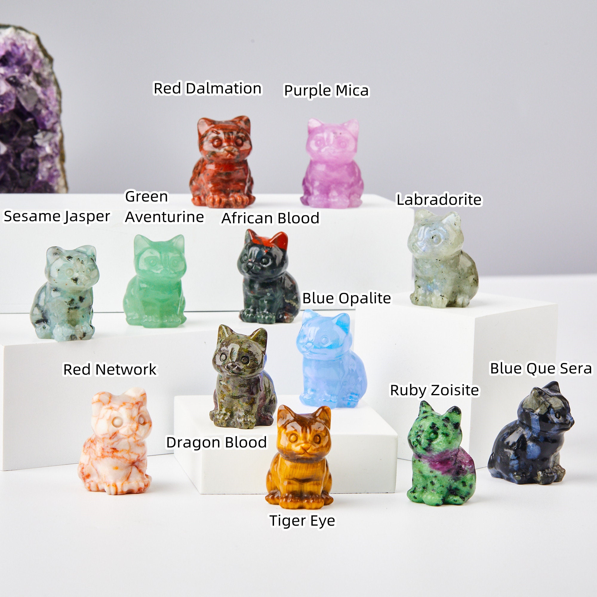 1.2 Inch Crystal Cat Carving Small Gemstone Cats Figurine Hand Carved ...