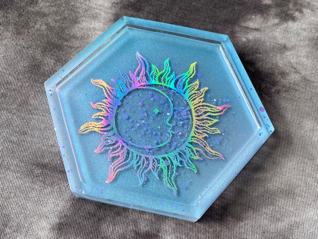 Hexagonal Coaster/tray With Holographic Moon Design With Blue - Etsy