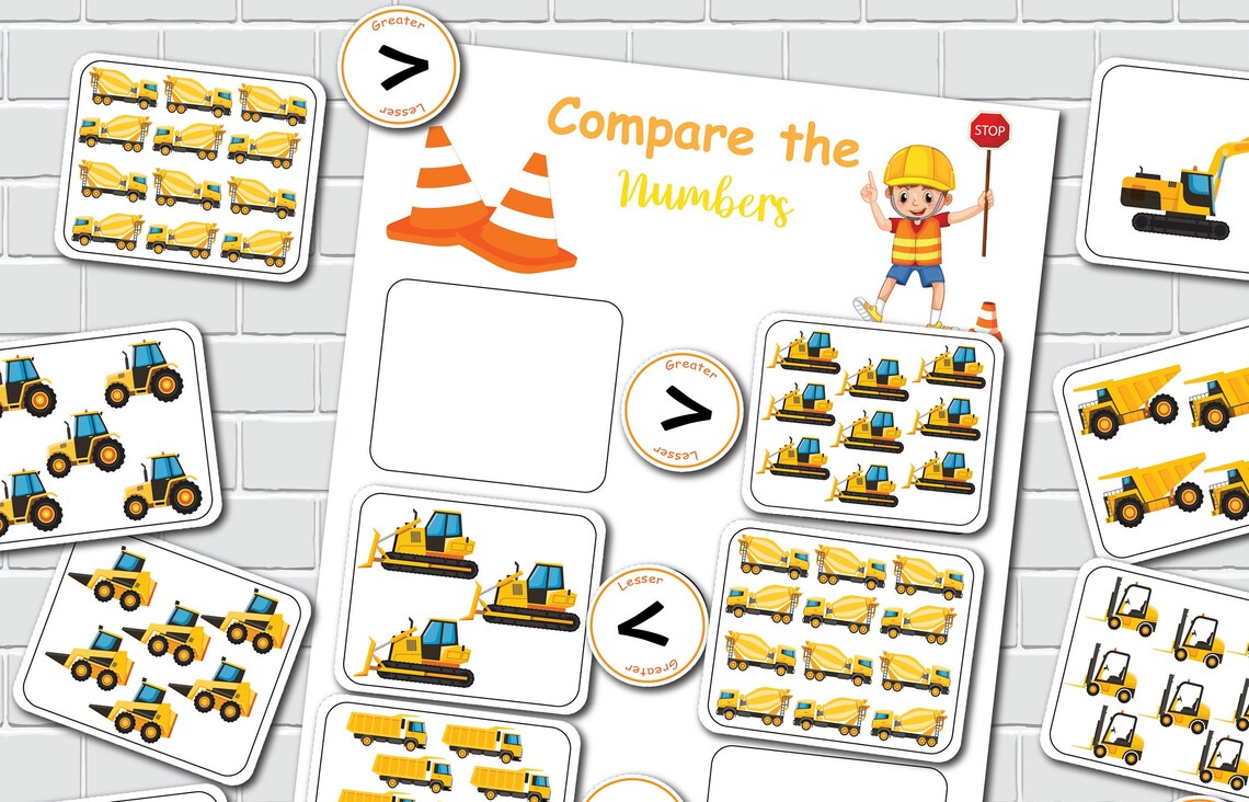 Comparing Numbers Construction Trucks Printable Activity for | Etsy