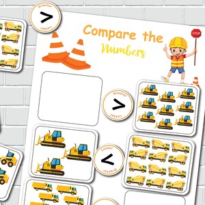Comparing Numbers Construction Trucks Printable Activity for Preschool ...