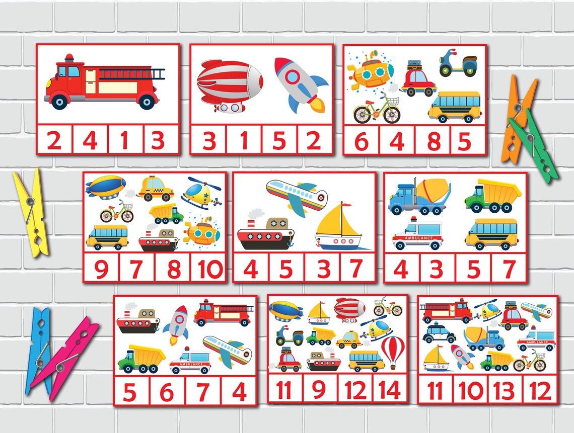 Clip and Count Cards Numbers 1-20. Printable Vehicles and - Etsy