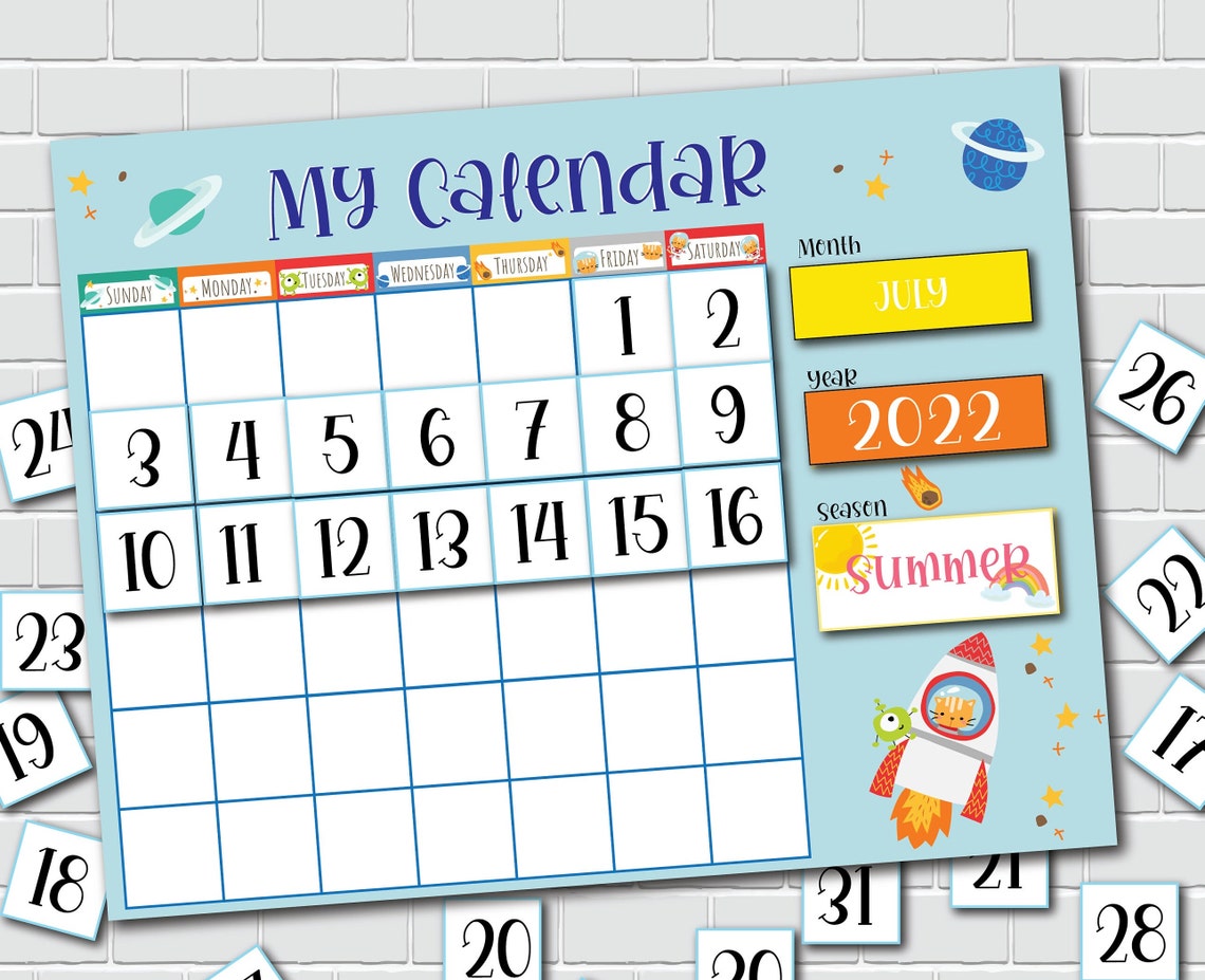 Kids Perpetual Calendar Space Theme Wall Calendar Montessori - Etsy