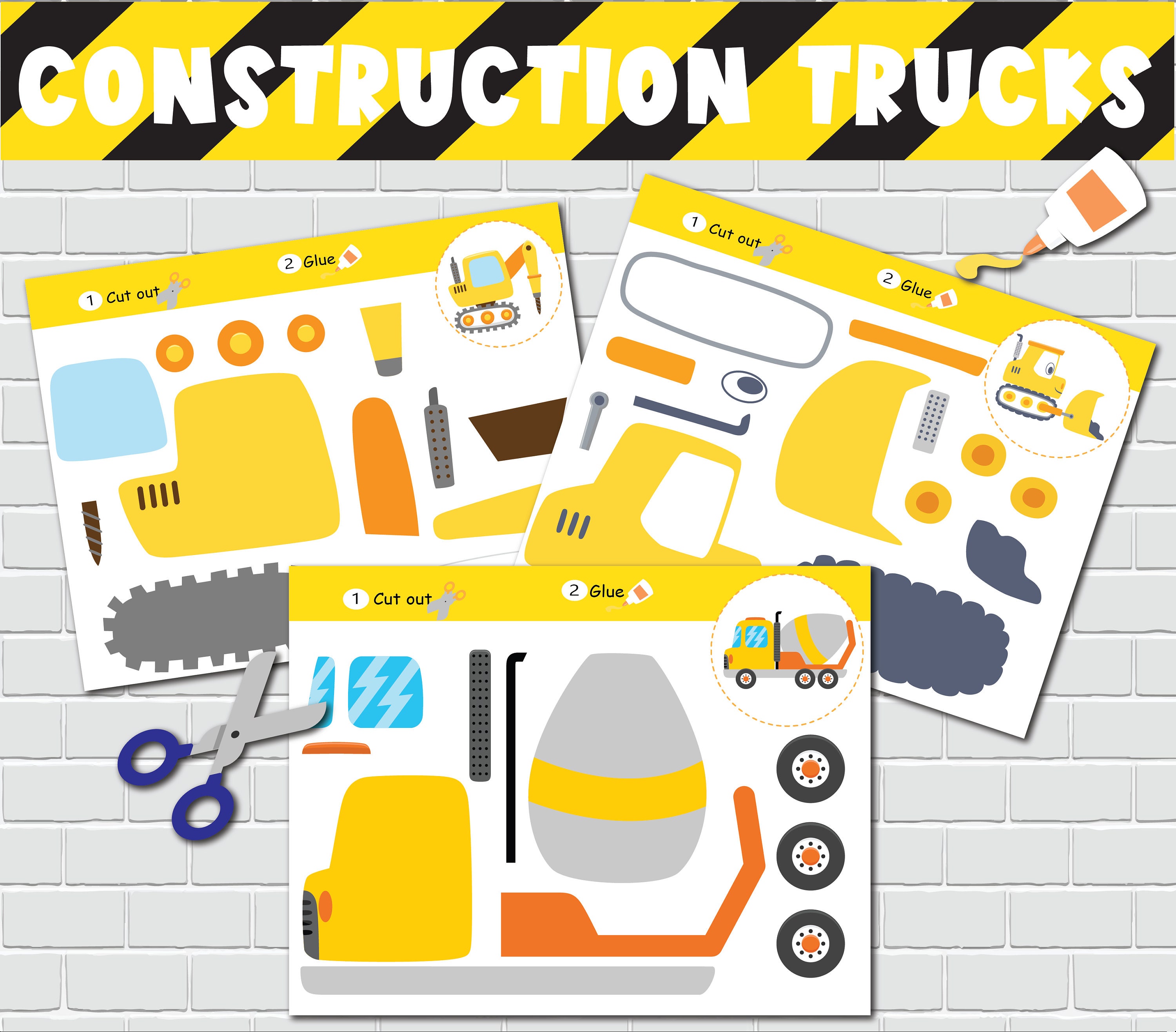 Construction Trucks Cut Out and Glue. Crafts for Kids. - Etsy