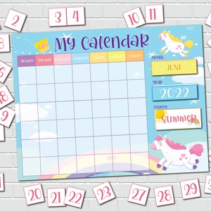 Kids Perpetual Calendar, Unicorn Theme Wall Calendar, Printable ...