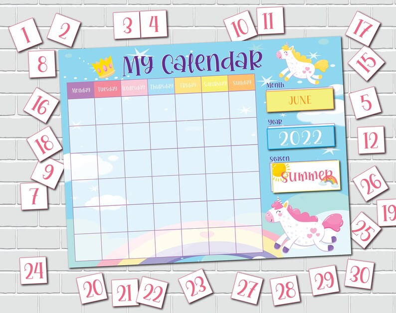 Kids Perpetual Calendar, Unicorn Theme Wall Calendar, Printable ...