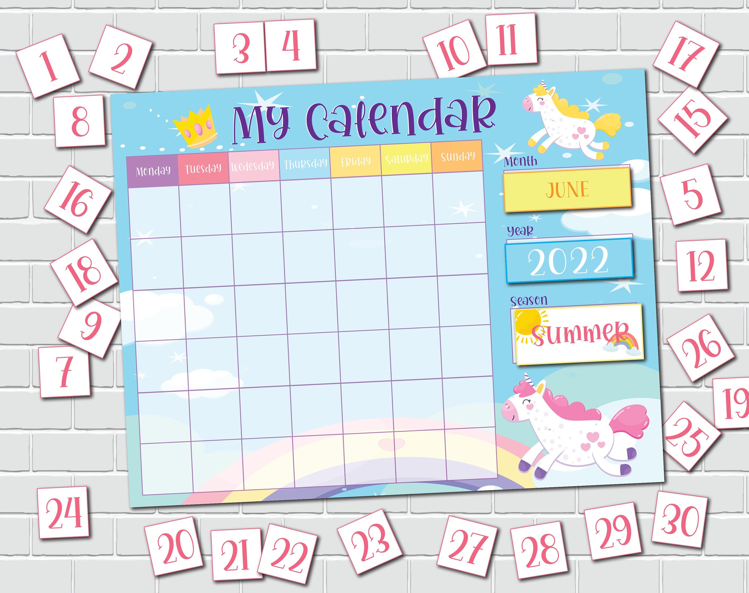 Kids Perpetual Calendar, Unicorn Theme Wall Calendar, Printable ...