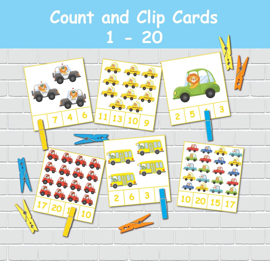Transportation Clip and Count Cards 1-20, Toddler Counting Activity ...