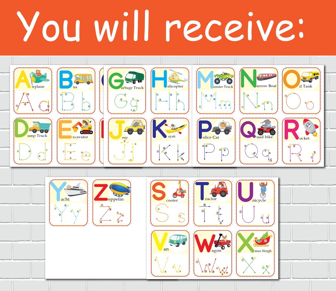 Alphabet Tracing Flashcards Cars and Trucks Printable Tracing - Etsy