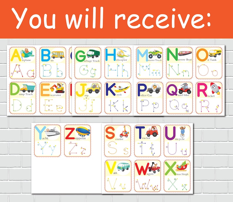 Alphabet Tracing Flashcards Cars and Trucks Printable Tracing - Etsy